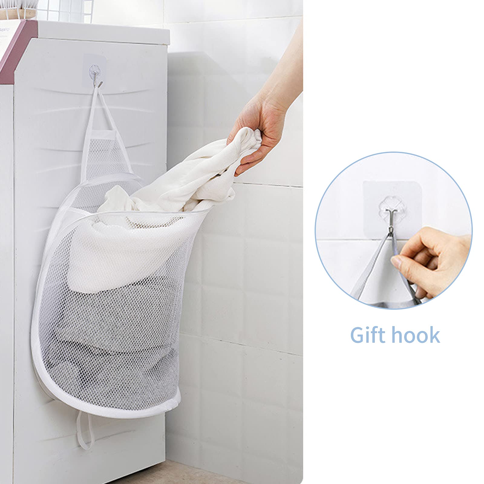 Pop-up Hanging Laundry Hamper Small Mesh Laundry Basket 2 Pack Foldable Hamper Collapsible Wall Mounted Storage Bag, Back to School Supply Grey & White