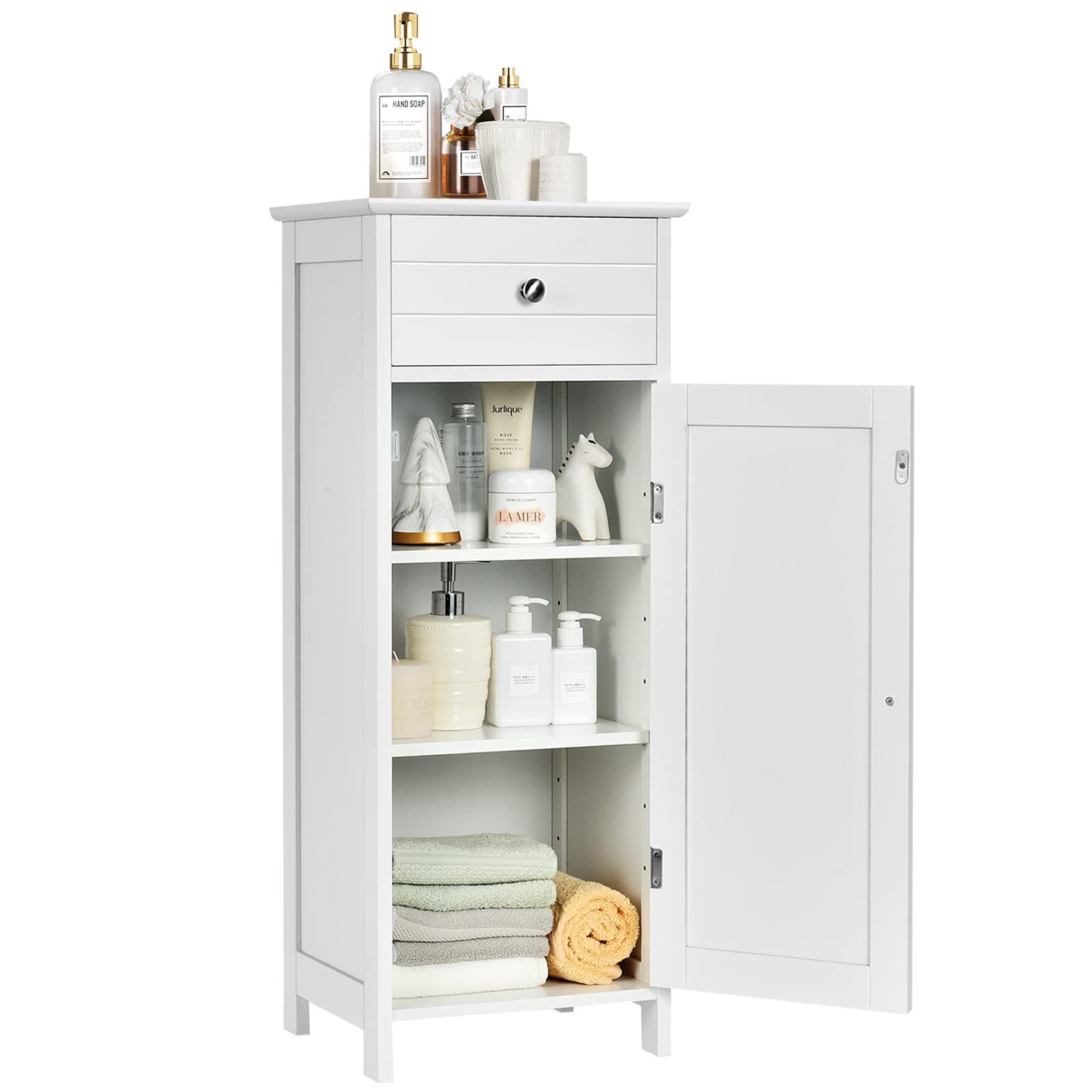 DORTALA Bathroom Floor Cabinet, Free-Standing Wooden Floor Storage Cabinet w/Large Drawer & 2 Adjustable Shelves, Morden Side Storage Bathroom Organizer Cabinet for Kitchen Living Room, White