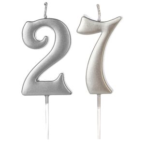 27th & 72nd number birthday candles for cake topper, number 72 27 glitter premium candle party anniversary celebration decoration for kids women or men, silver