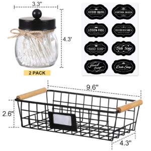 2 Pack Glass Qtip Holder with Basket - Mason Jar Dispenser for Cotton Ball & Swabs- Apothecary Jars Set Canister for Vanity Makeup Storage Organizer - Restroom Bathroom Decor Accessories - Black