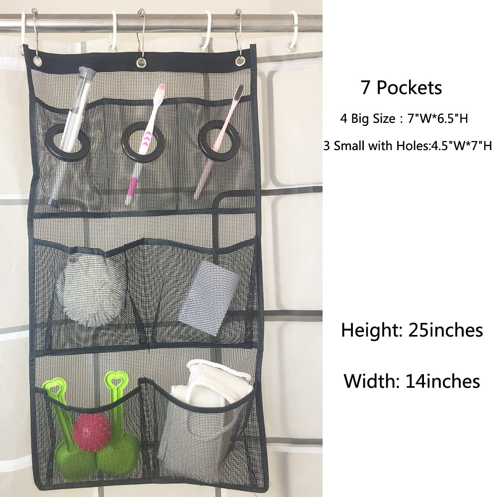 Sainal Hanging Mesh Caddy Black Shower Organizer with 7 Pockets and 3 Rings/Hooks for Saving Space, Bathroom Accessories,Storage Bag for Toys (Black)