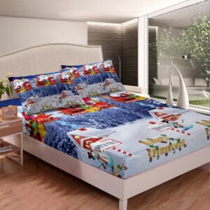 Feelyou Kids Christmas Theme Sheet Set Xmas Santa Claus Pine Bed Sheets for Boys Girls Merry Christmas Bed Set Galaxy Blue Decor Sheets Bedroom Collection 4Pcs Queen Size