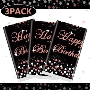 3 Pack Black and Rose Gold Tablecloth Party Decorations - Plastic Disposable Birthday Tablecloth, Black and Rose Gold Confetti Rectangle Table Cover, Table Cloths 51"x86" for Birthday Party Supplies