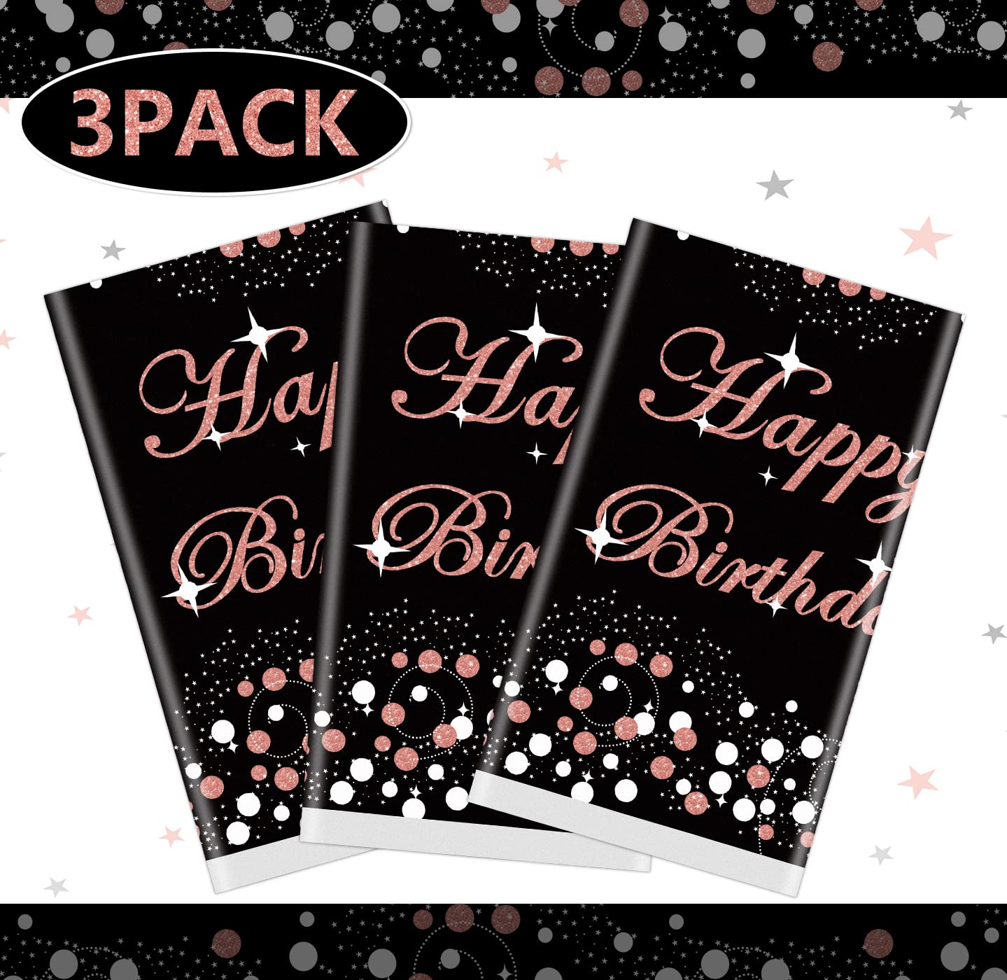 3 Pack Black and Rose Gold Tablecloth Party Decorations - Plastic Disposable Birthday Tablecloth, Black and Rose Gold Confetti Rectangle Table Cover, Table Cloths 51"x86" for Birthday Party Supplies