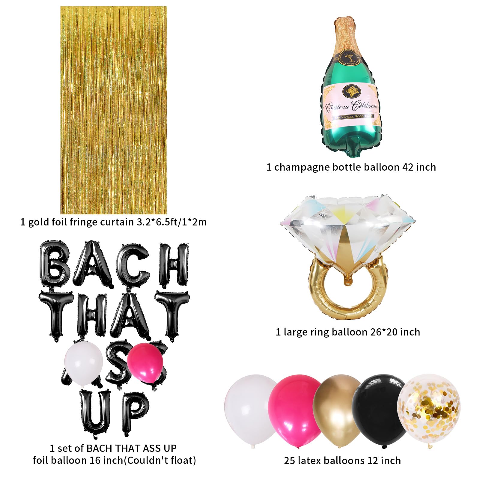 zrjssyp Bachelorette Party Decor Black and Gold - Bach That Balloon Banner, Champagne Glass Balloon, Diamond Ring Balloon, Bride To Be Sash, Tinsel Curtains for Brunch Bridal Shower Hen Party Decor