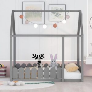 Kids House Beds, Twin Floor Bed with Fence Wood Cabin Bed Frame Can be Decorated for Kids, Teens, Girls, Boys, Gray