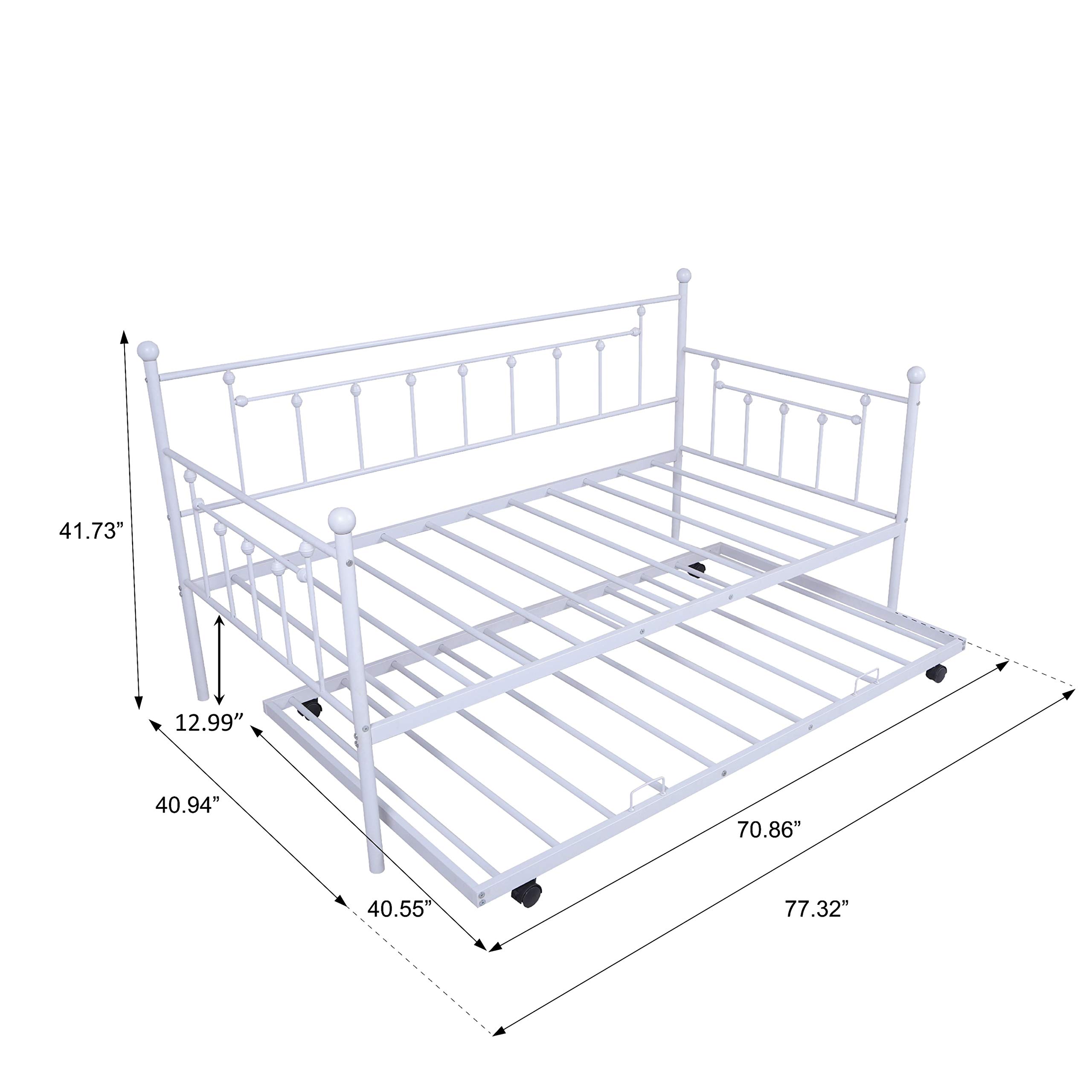 gaodashang Twin Size Metal Frame Daybed with Pullout Trundle,Heavy Duty Steel Slat Support Sofa Bed for Guest,No Spring Box Needed, White