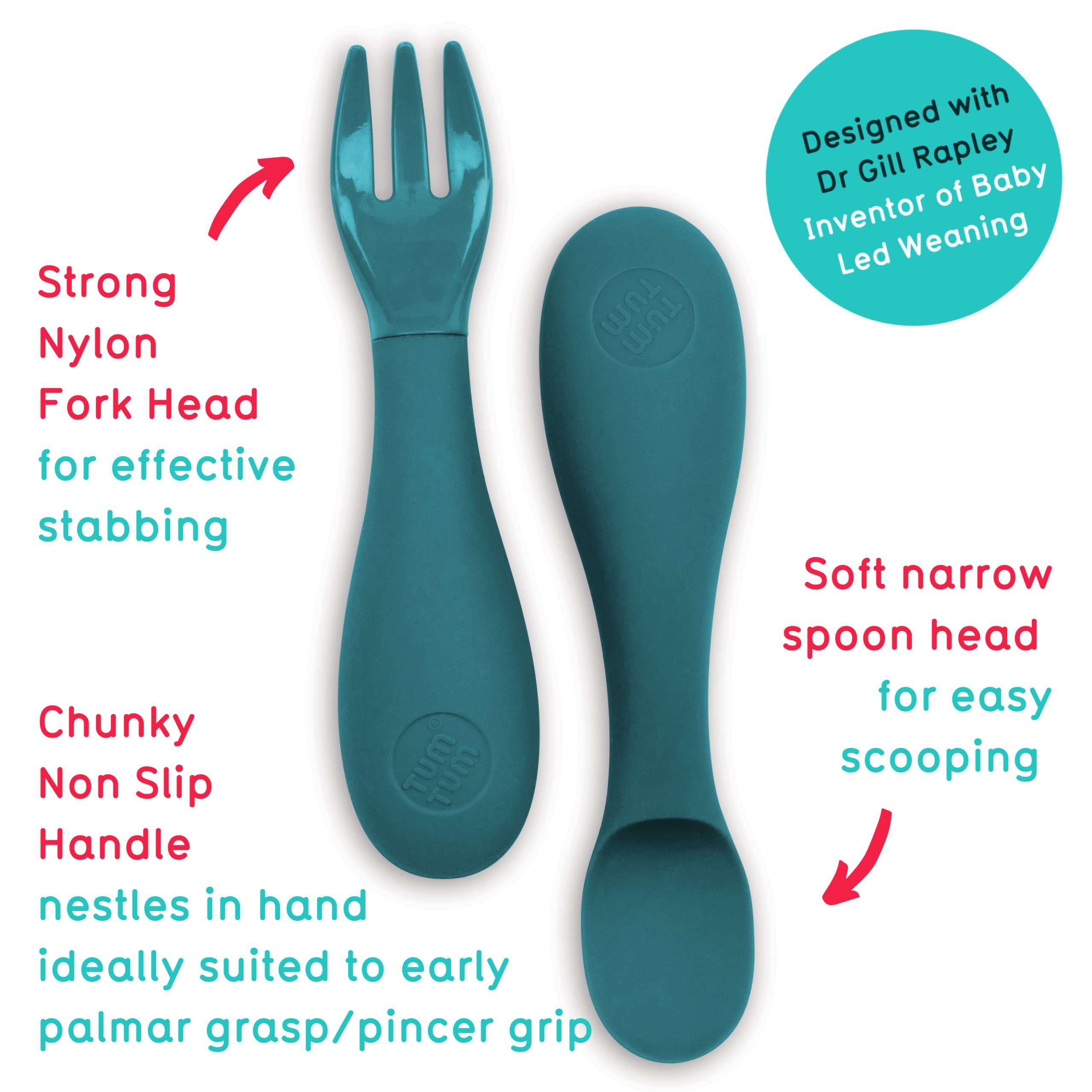 TUM TUM Baby Cutlery with Case, Baby Spoon & Fork Set, Baby Cutlery for Babies, First self Feeding Cutlery, Silicone Baby Spoon & Fork, 6 Months Plus, (Blue)