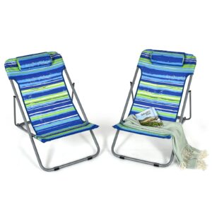 goplus beach sling chair for adults, 2 pcs portable folding camping chair w/ 3-position adjustable backrest & comfy headrest, outdoor heavy duty lounge (stripe)