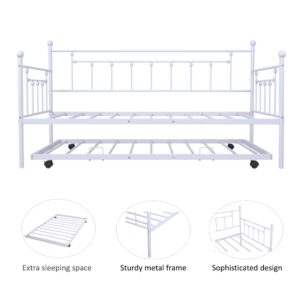 gaodashang Twin Size Metal Frame Daybed with Pullout Trundle,Heavy Duty Steel Slat Support Sofa Bed for Guest,No Spring Box Needed, White