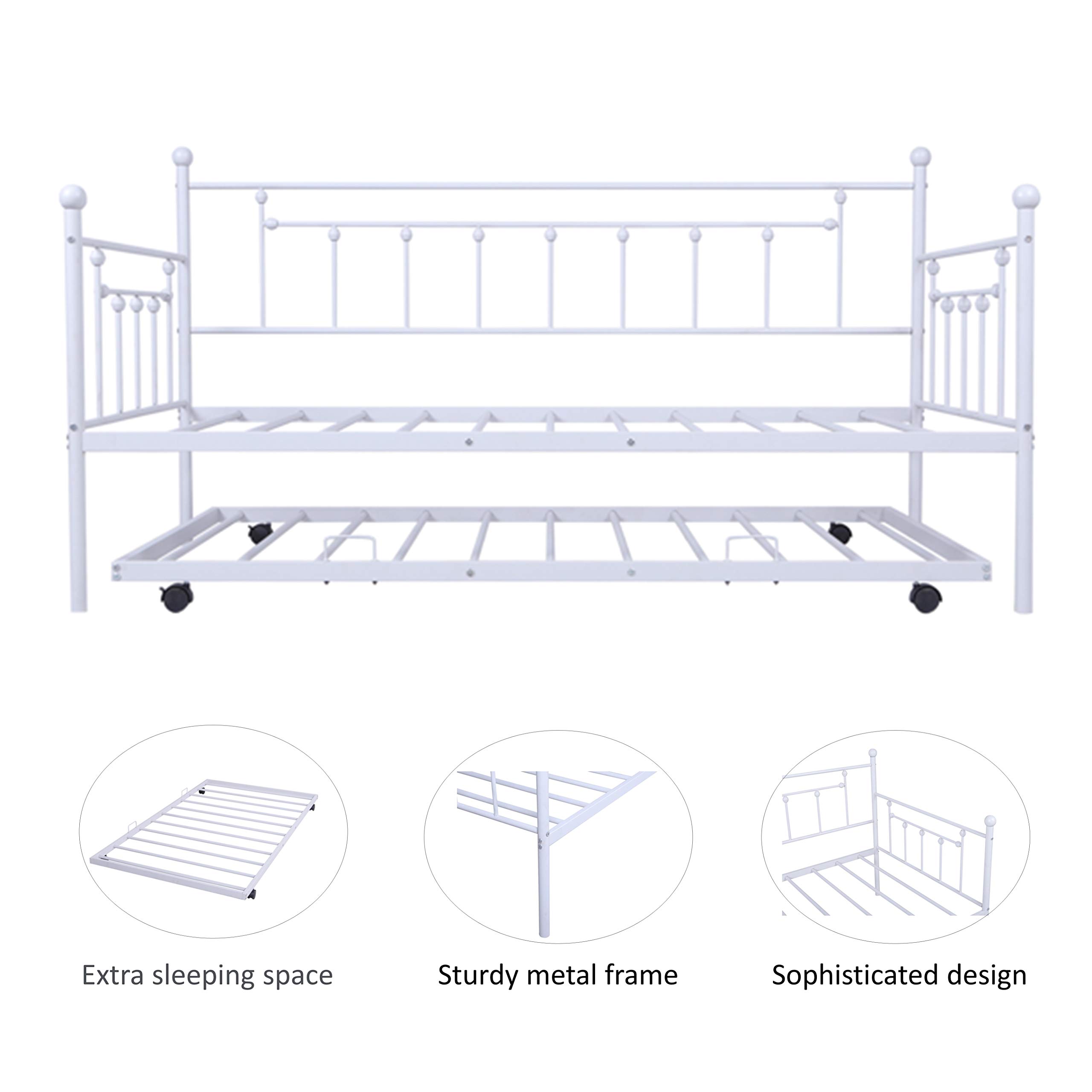 gaodashang Twin Size Metal Frame Daybed with Pullout Trundle,Heavy Duty Steel Slat Support Sofa Bed for Guest,No Spring Box Needed, White