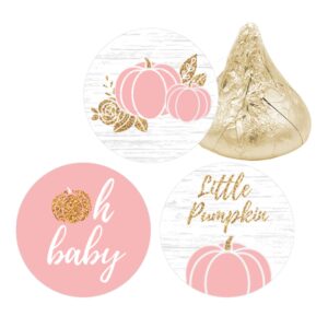 pink little pumpkin girl baby shower kisses candy stickers, fall girl baby shower party favor stickers - 180 labels