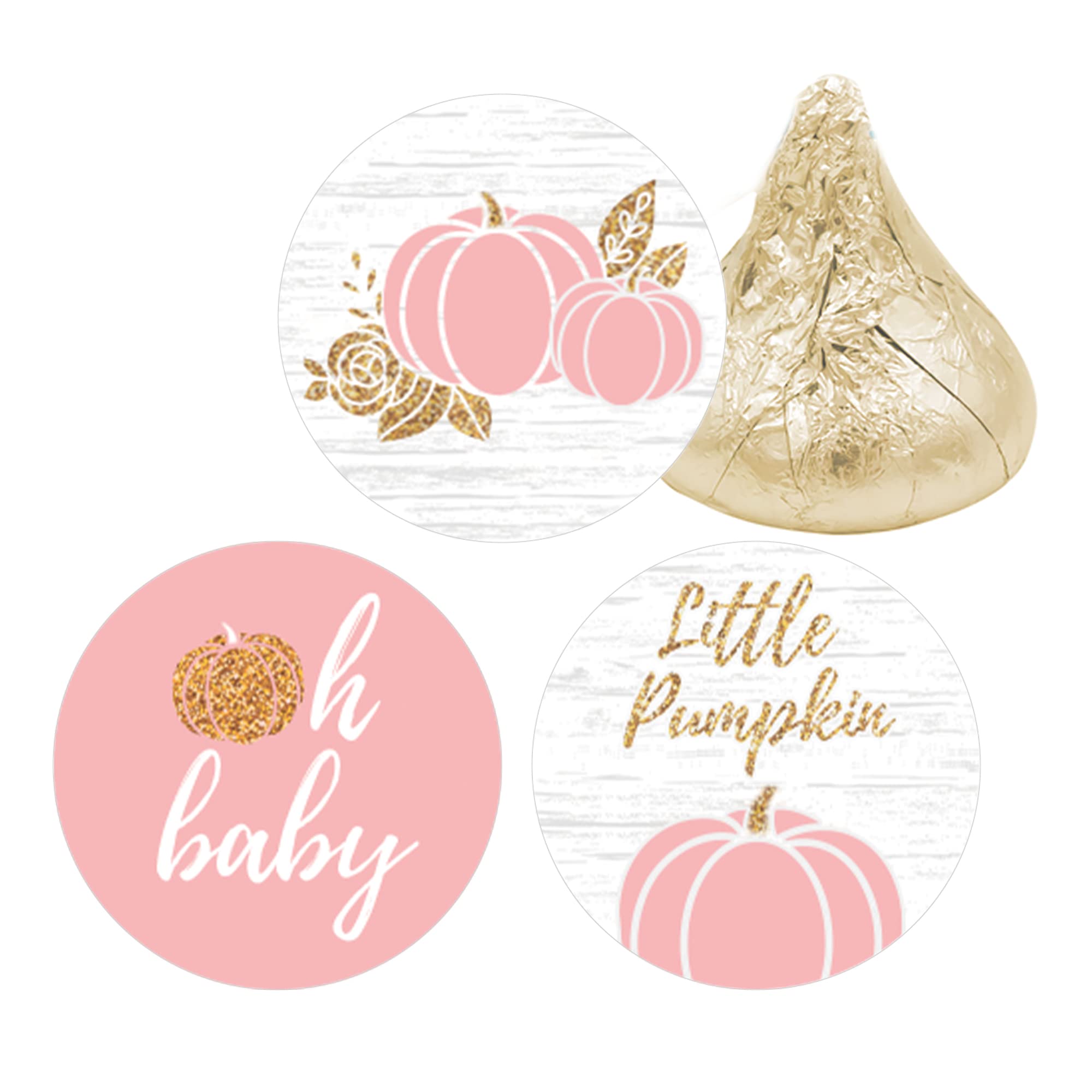 Pink Little Pumpkin Girl Baby Shower Kisses Candy Stickers, Fall Girl Baby Shower Party Favor Stickers - 180 Labels