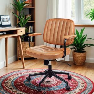 artswish brown leather desk chair, mid century office chair, criss cross chair with wheels and arm, swivel desk chair with adjustable height and backrest, rolling chair for home office, for adult