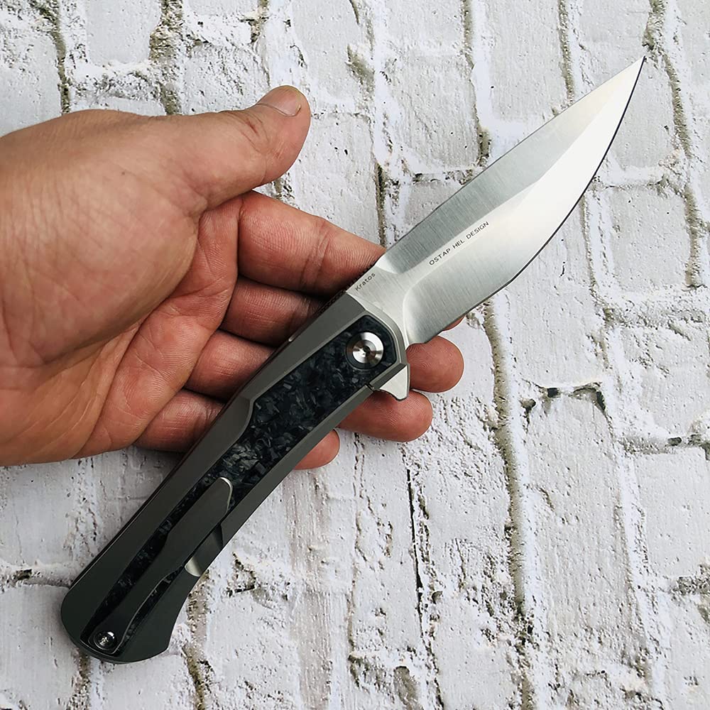 KANSEPT Kratos Flipper S35VN 8.69in Folding Pocket Knives with 3.79in Clip Point Blade and Titanium Handle with Shred Carbon Fiber Inlays, EDC Outdoor Hunting Camping Folders Folding knife K1024A1