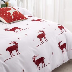 Christmas Duvet Cover Set Queen, 3 Pieces Reversible Red Plaid Reindeer Snowflake Bedding Set with 2 Pillowcases, Soft Microfiber Holiday New Year Bedding Gifts Queen 90”X90”(Not Comforter)