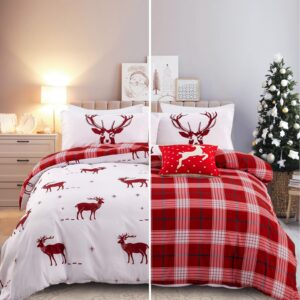 christmas duvet cover set queen, 3 pieces reversible red plaid reindeer snowflake bedding set with 2 pillowcases, soft microfiber holiday new year bedding gifts queen 90”x90”(not comforter)