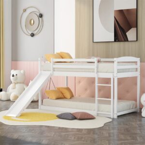 low bunk beds twin over twin bunk bed with slide wood bed frame for 2 kids toddlers boys girls teens, white