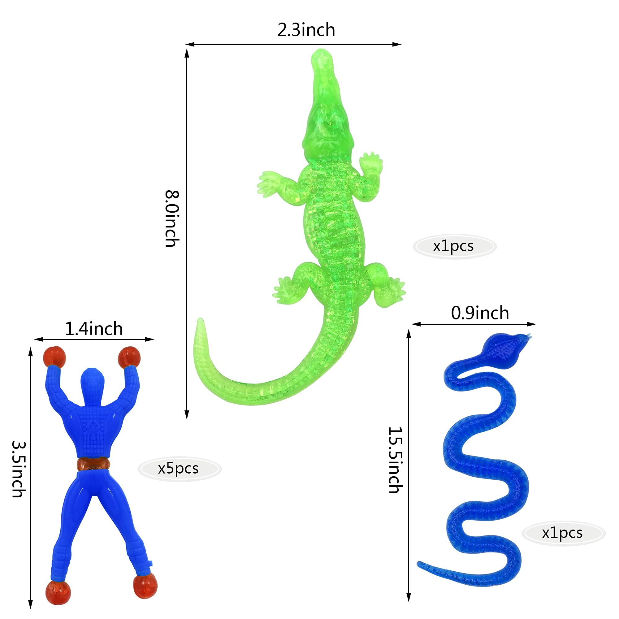 PPXMEEUDC 27PCS Multi-color and Multi-style Stretchy Sticky Toys Including Sticky Hands Wall Climbers Men Hammers Lizards Snake Crocodile and Skeletons for Kids Party Favors