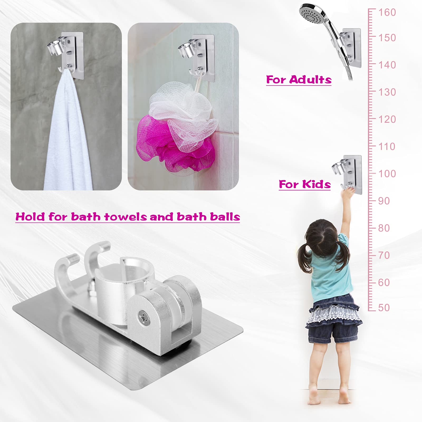 Shower Head Holder,Strong Adhesive Shower Holder,Adjustable Shower Wand Holder with 2 Hanger Hooks,Handheld Shower Head Wall Mount Bracket,Shower Holder Adapter for Bathing,Bathroom,No Drill Need