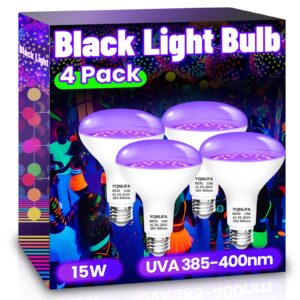 yqnlifa 4 pack 15w led black light bulbs, 385-400nm, br30 e26 blacklight led bulb for glow in the dark, light bulb for blacklight party, fluorescent poster, body paint, halloween