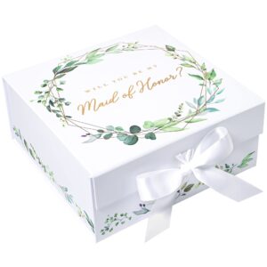 brigel bridesmaid proposal box, will you be my maid of honor proposal box for maid of honor gifts, leaf-patterned white box with gold-foiled text, magnetic closure, and a white ribbon