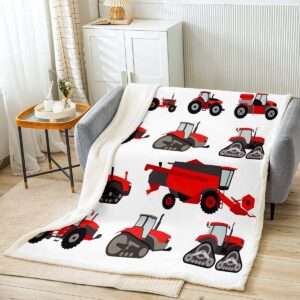 Red Tractor Sherpa Blanket Heavy Equipment Fleece Throw Blanket Kids Boys Girls Harvester Tractor Plush Blanket Farm Equipment Fuzzy Blanket for Sofa Bed Couch,Twin 60x80 Inches