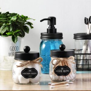 2 Pack Glass Qtip Holder with Basket - Mason Jar Dispenser for Cotton Ball & Swabs- Apothecary Jars Set Canister for Vanity Makeup Storage Organizer - Restroom Bathroom Decor Accessories - Black