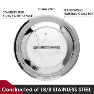 KEISSCO Stainless Steel Universal Lid for Pots, Pans and Skillets - Fits 7" to 12" Pot and Pans - Tempered Glass with Stainless Steel Rim Replacement Frying Pan Cover and Cast Iron Skillet Lid