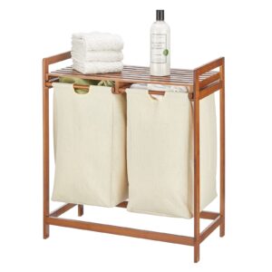 mdesign freestanding bamboo 2 section double laundry organizer hamper with removable storage sorter bags, space-saving basket duo with handles for clothes/linens - echo collection - vintage