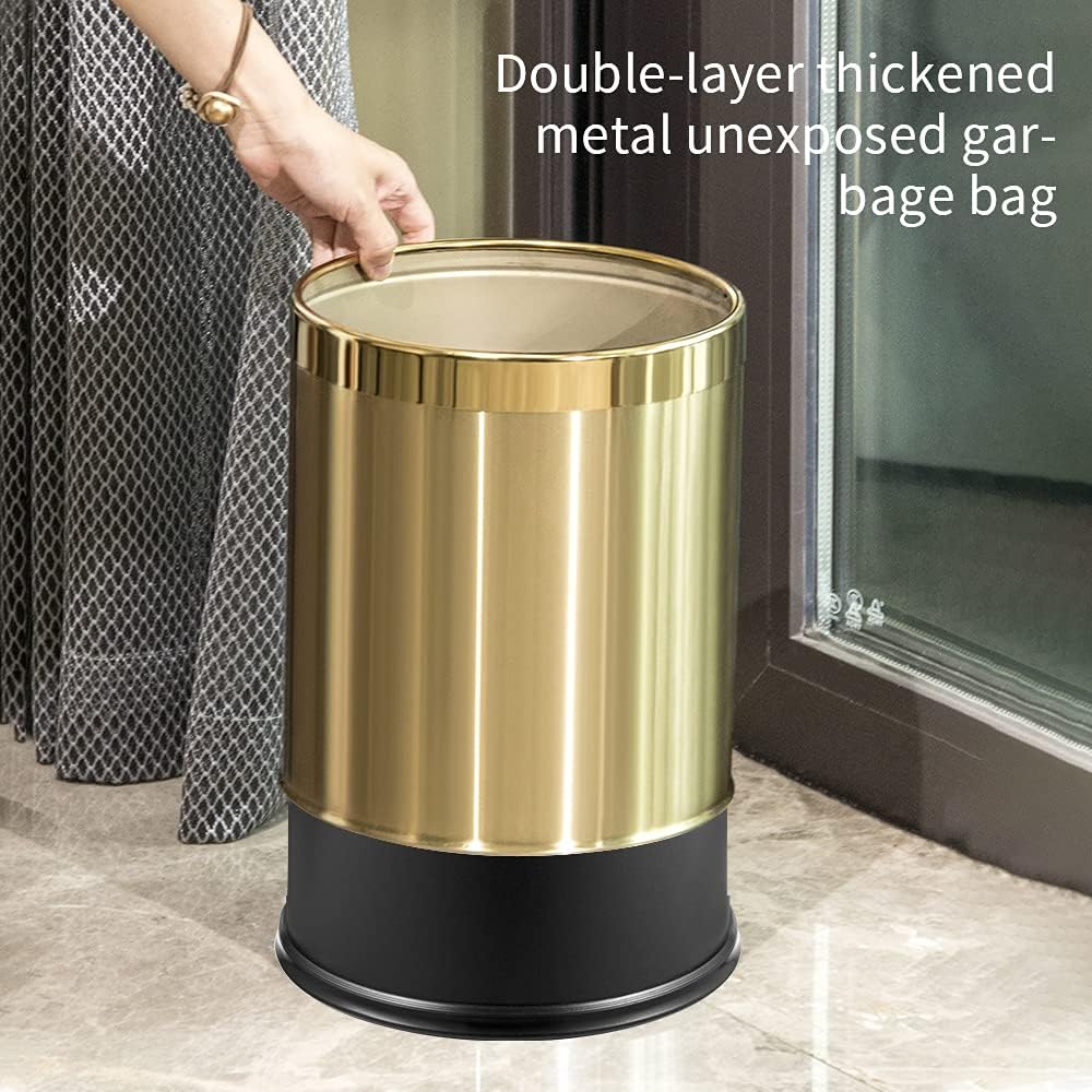 LEASYLIFE 2.6Gallon/10L，Brass Gold Bathroom Trash Can，Gold Bathroom Waste Baskets，Golden Small Garbage Can,Gold Waste Basket for Bedroom,Office，Store，Metal Trash bin Without lid (Gold)