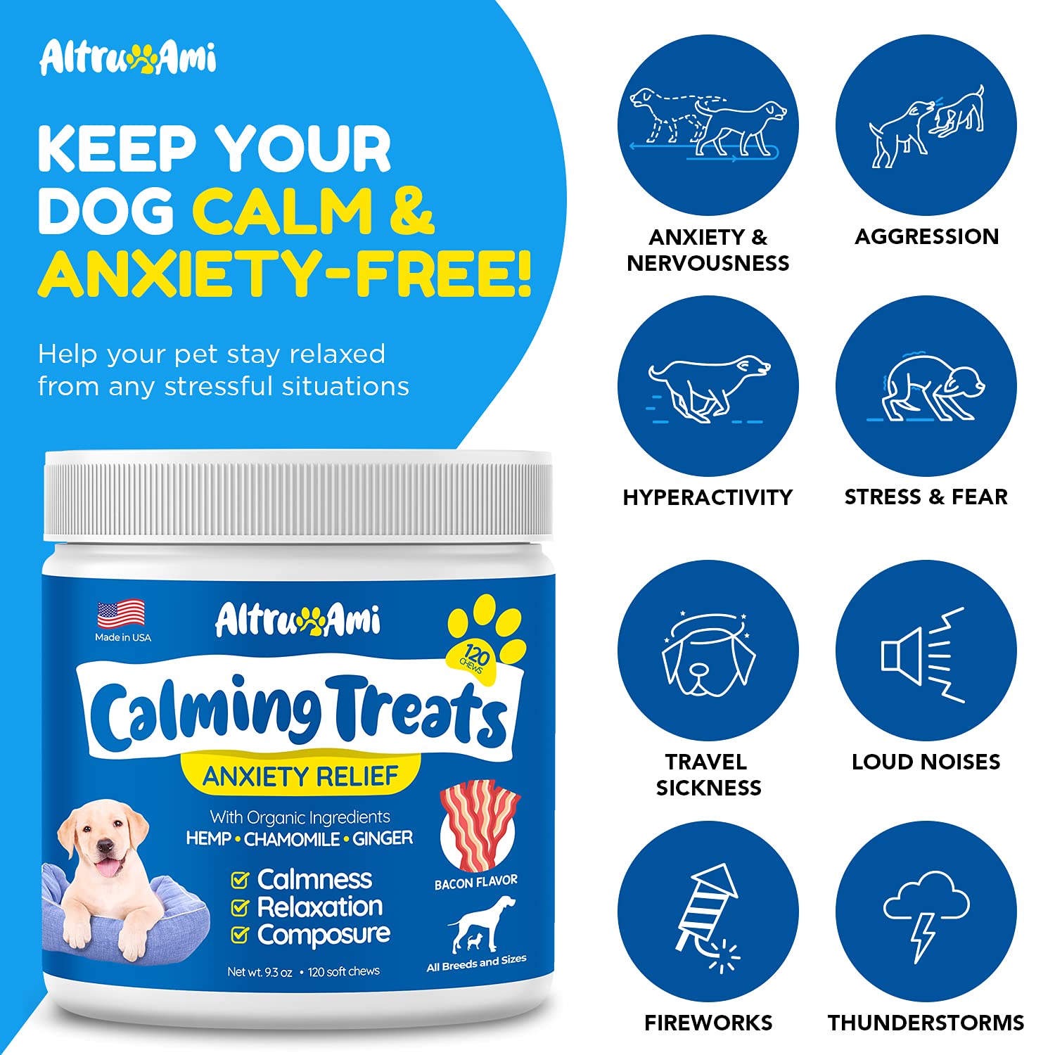 Altru-Ami Calming Chews for Dogs - 120 Hemp Dog Calming Treats for Dog Anxiety Relief - Helps with Separation Anxiety, Travel Stress, Barking, Fireworks & Thunderstorms - Made in USA