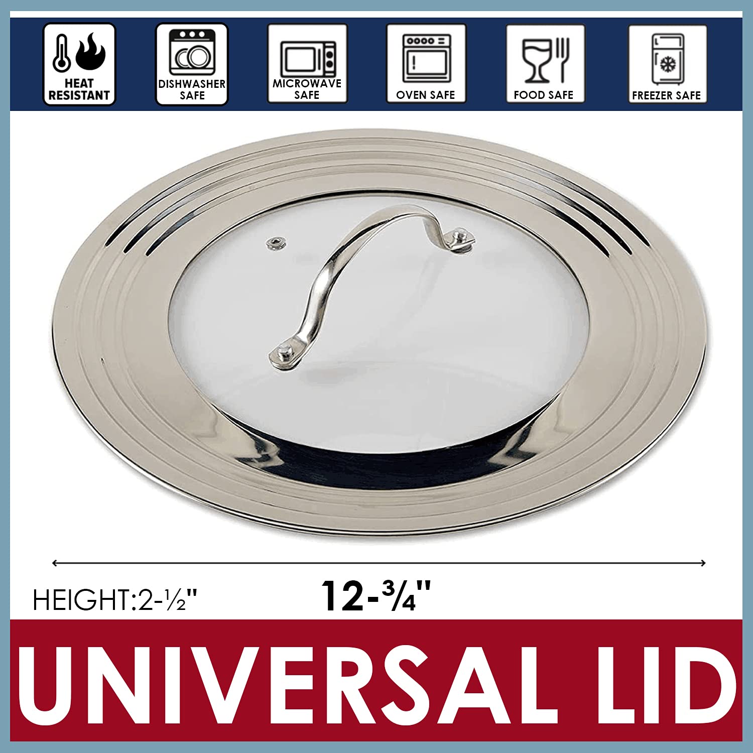 KEISSCO Stainless Steel Universal Lid for Pots, Pans and Skillets - Fits 7" to 12" Pot and Pans - Tempered Glass with Stainless Steel Rim Replacement Frying Pan Cover and Cast Iron Skillet Lid