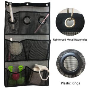 Sainal Hanging Mesh Caddy Black Shower Organizer with 7 Pockets and 3 Rings/Hooks for Saving Space, Bathroom Accessories,Storage Bag for Toys (Black)