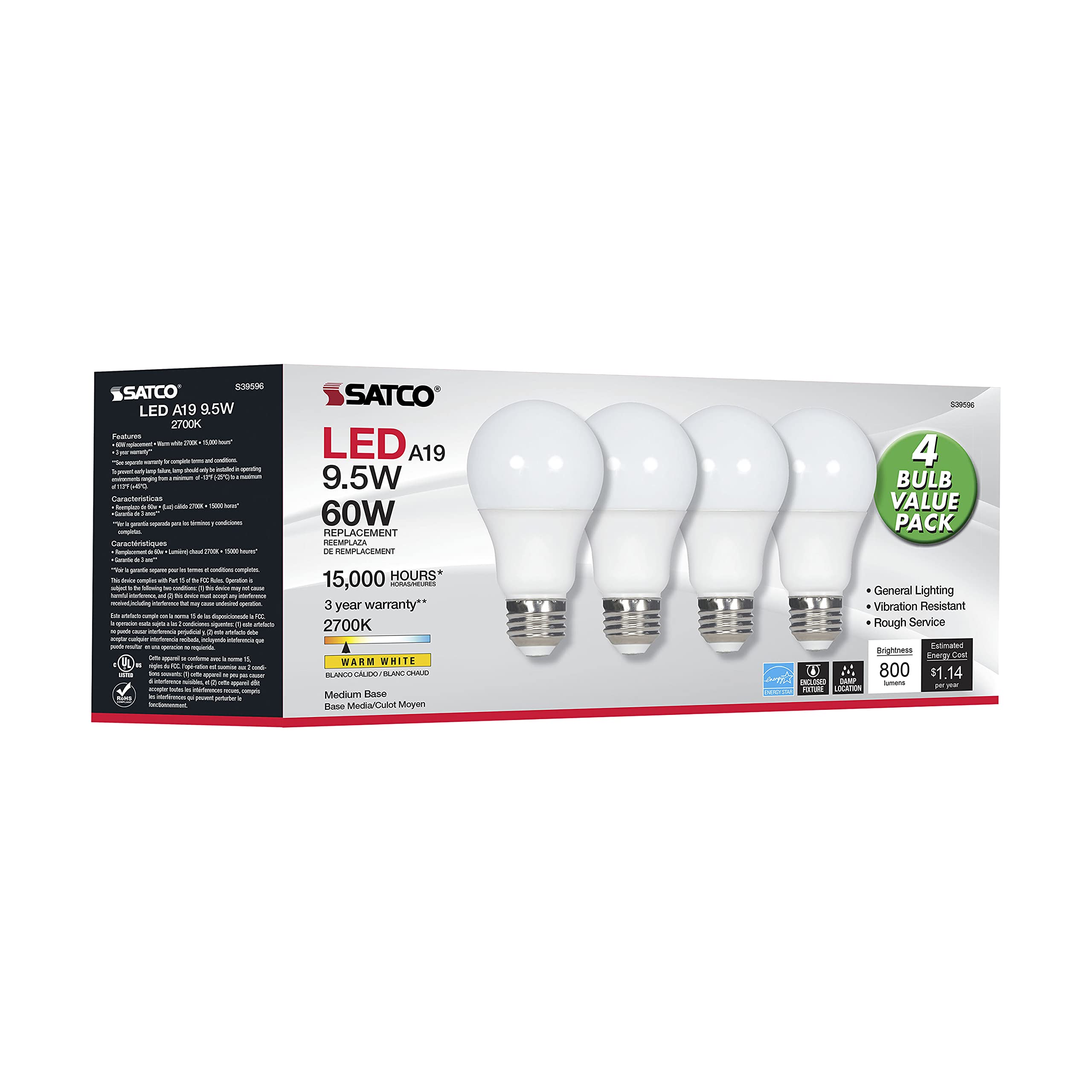 Satco S39596 9.5A19/LED/827/ND/120V/4PK - 4-Pack