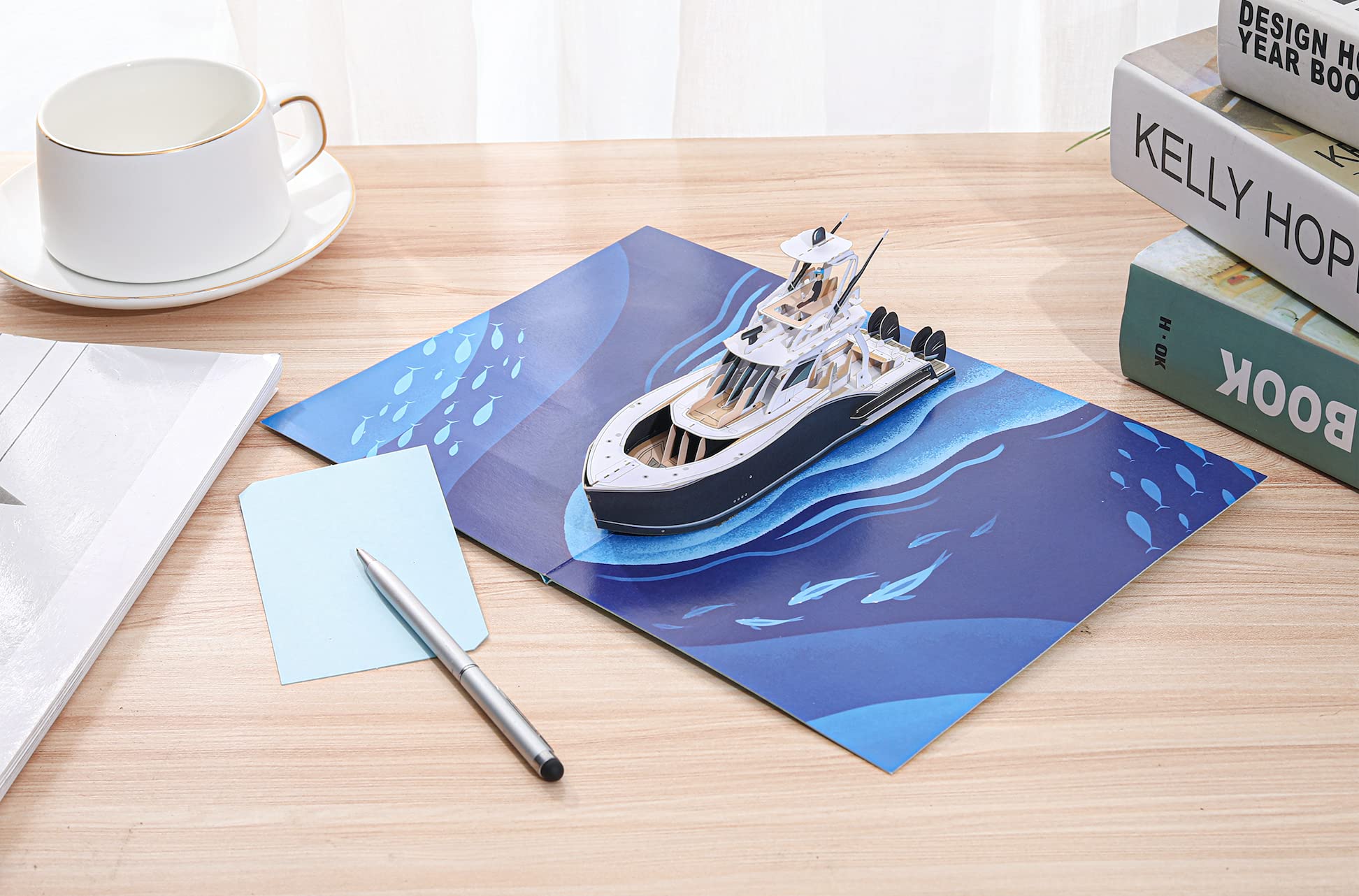 Liif Fishing Boat 3D Greeting Pop Up Card, Retirement Card, Father's Day, Birthday Card For Men, DAD, Fisherman,Boss, Husband, Son, Grandpa - With Message Note & Envelop - Size 8 x 6 Inch