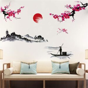 2 sheets japanese style splash ink landscape painting wall sticker red cherry blossom wall decals removable peel and stick mountain river fisherman mural for bedroom living room tv home decor