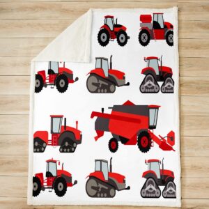 Red Tractor Sherpa Blanket Heavy Equipment Fleece Throw Blanket Kids Boys Girls Harvester Tractor Plush Blanket Farm Equipment Fuzzy Blanket for Sofa Bed Couch,Twin 60x80 Inches