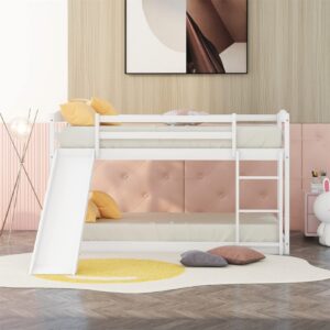 Low Bunk Beds Twin Over Twin Bunk Bed with Slide Wood Bed Frame for 2 Kids Toddlers Boys Girls Teens, White