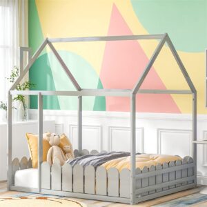 kids house beds, full floor bed with fence wood cabin bed frame can be decorated for teens, girls, boys, adults, gray