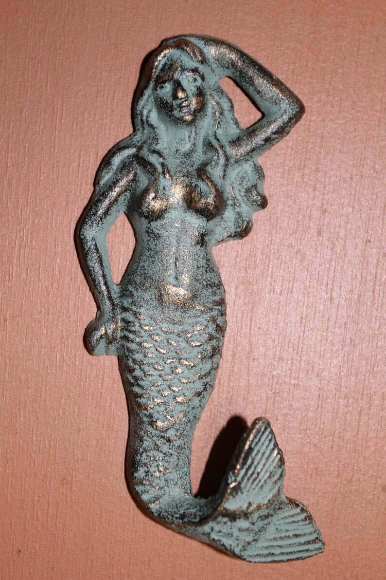 Antique Look Mermaid Wall Hooks Bronze Style Cast Iron | Pack of 2 N-22ab