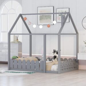 kids house beds, twin floor bed with fence wood cabin bed frame can be decorated for kids, teens, girls, boys, gray