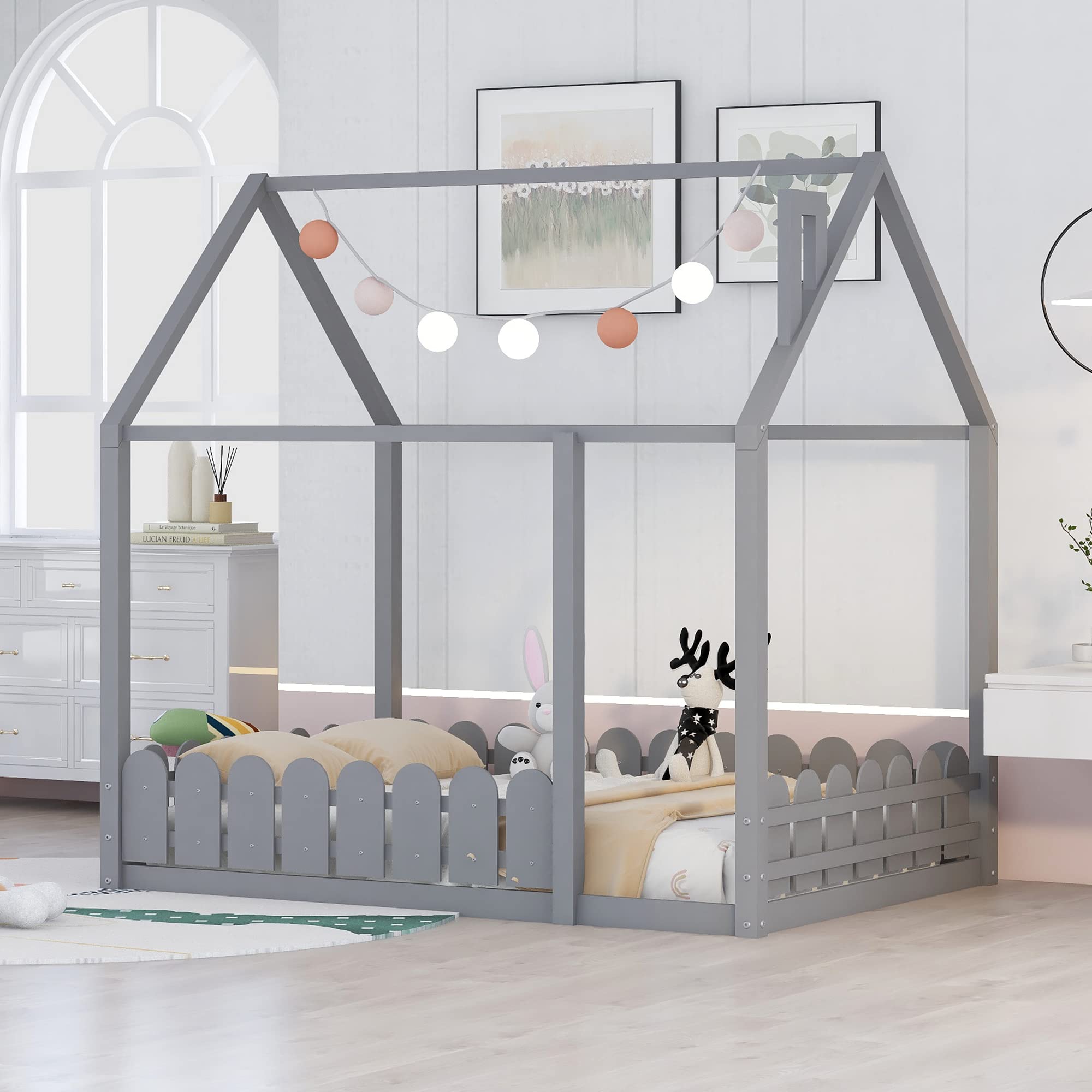 Kids House Beds, Twin Floor Bed with Fence Wood Cabin Bed Frame Can be Decorated for Kids, Teens, Girls, Boys, Gray