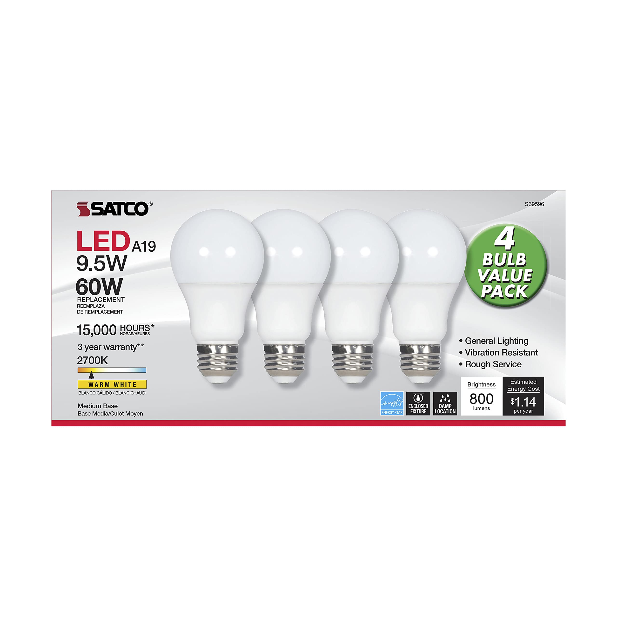 Satco S39596 9.5A19/LED/827/ND/120V/4PK - 4-Pack