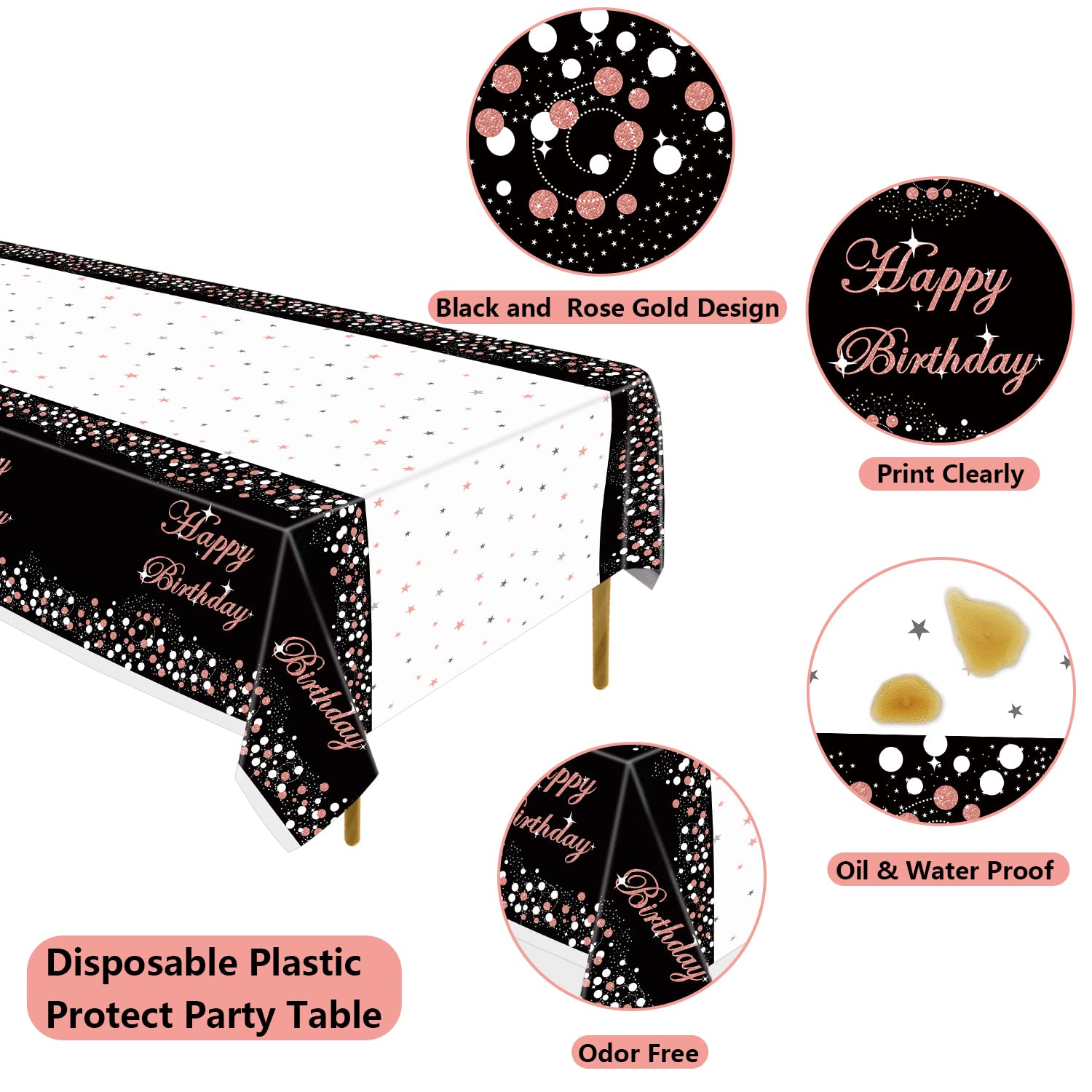 3 Pack Black and Rose Gold Tablecloth Party Decorations - Plastic Disposable Birthday Tablecloth, Black and Rose Gold Confetti Rectangle Table Cover, Table Cloths 51"x86" for Birthday Party Supplies