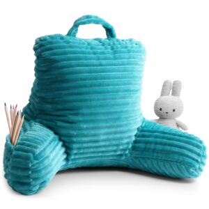 clara clark reading pillow for kids – back pillow for sitting in bed, plush bed pillows for sitting up in bed, teal kids reading pillow, shredded foam bed chair pillow with arms and pockets