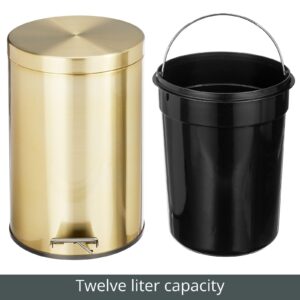 mDesign Tall 3.2 Gallon/12 Liter Round Metal Step Trash Can Wastebasket, Garbage Container Bin fo Kitchen, Bathroom, Home - Removable Liner Bucket - Soft Brass