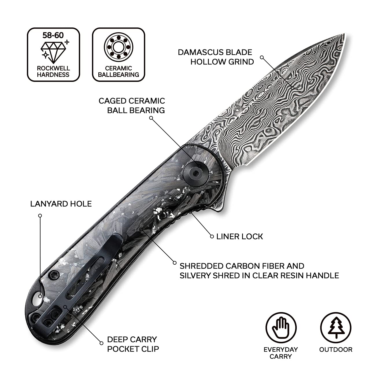 CIVIVI Elementum Folding Pocket Knife for Men, 2.96" Damascus Blade Folder with Low Profile Pocket Clip for EDC C907C-DS2