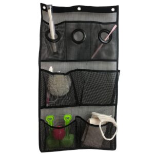 sainal hanging mesh caddy black shower organizer with 7 pockets and 3 rings/hooks for saving space, bathroom accessories,storage bag for toys (black)