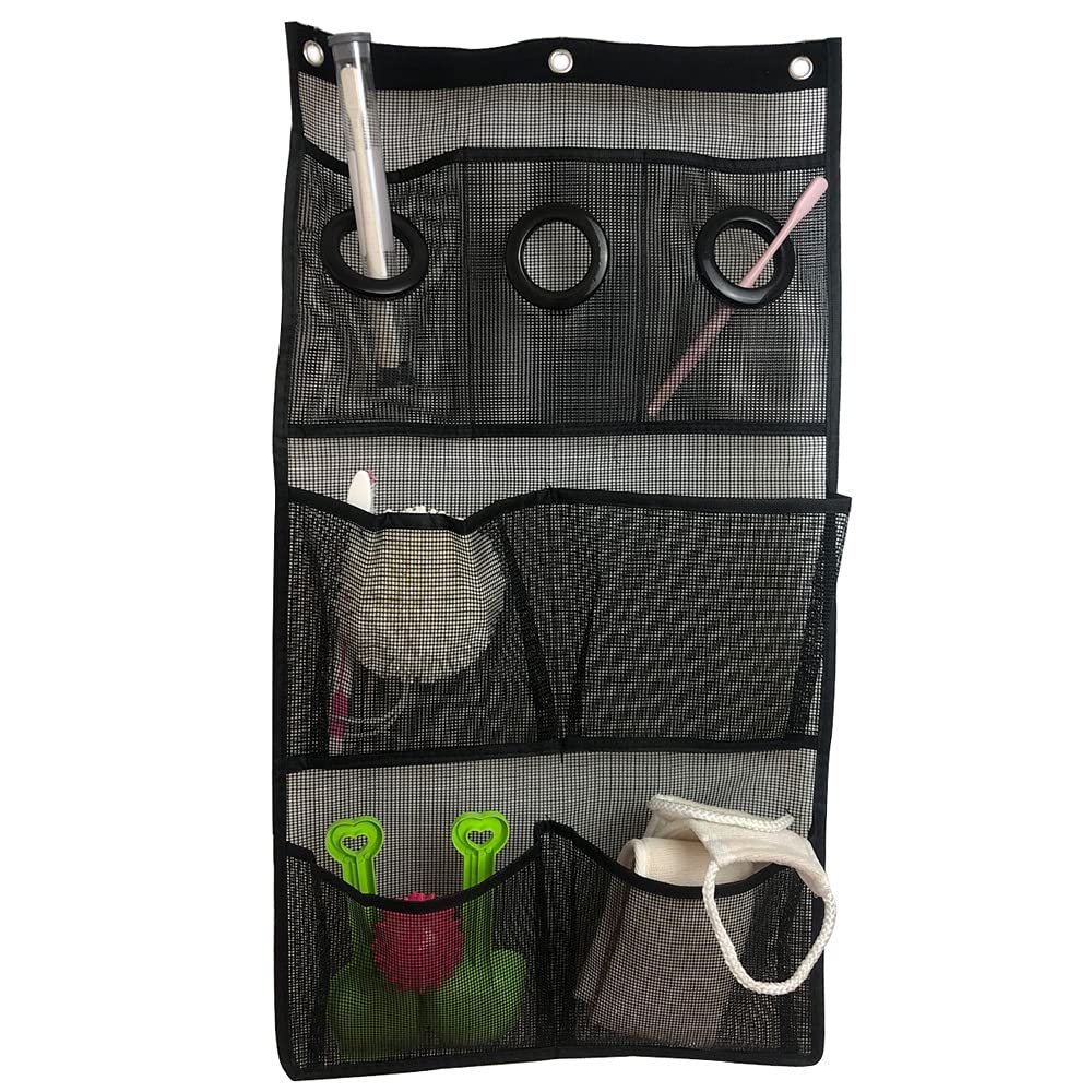 Sainal Hanging Mesh Caddy Black Shower Organizer with 7 Pockets and 3 Rings/Hooks for Saving Space, Bathroom Accessories,Storage Bag for Toys (Black)